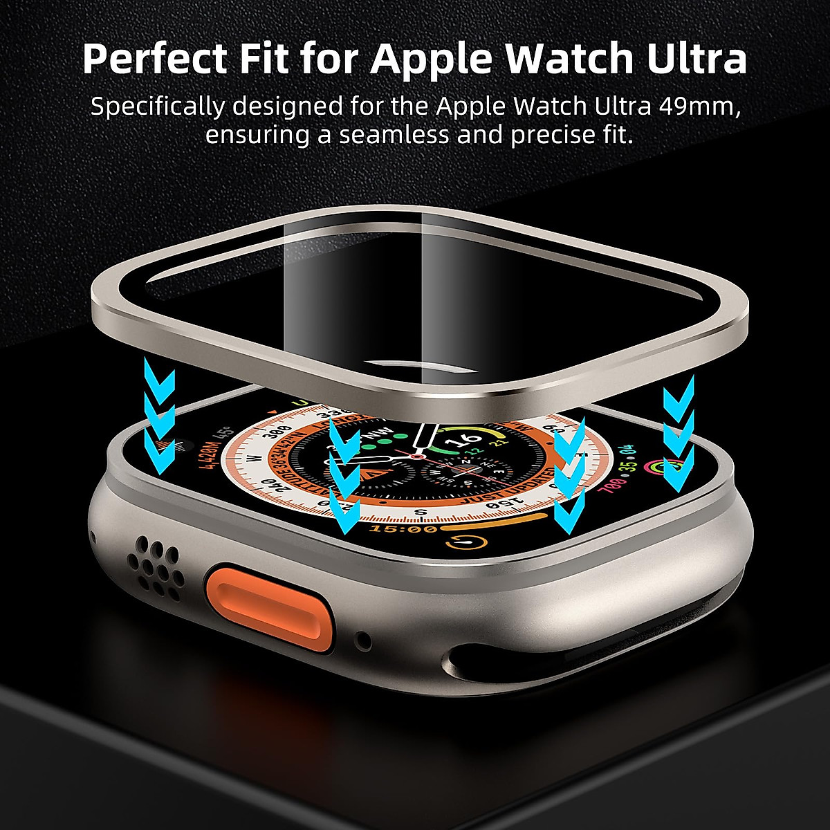 OXWALLEN 2 Pack Metal Case Compatible with Apple Watch Ultra 1/2 49mm Screen Protector with Built-in Tempered Glass, Rugged Frame Clear Film for iWatch Ultra 1/2 49mm, Titanium Color