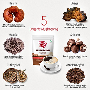 Tiger 5 Mushroom Coffee- Organic Superfood Mushroom Coffee with 100% Arabica, Powerful Natural Ingredients, Antioxidants, Immune System Booster, Vegan, Dairy Free, Non-GMO and Great Taste