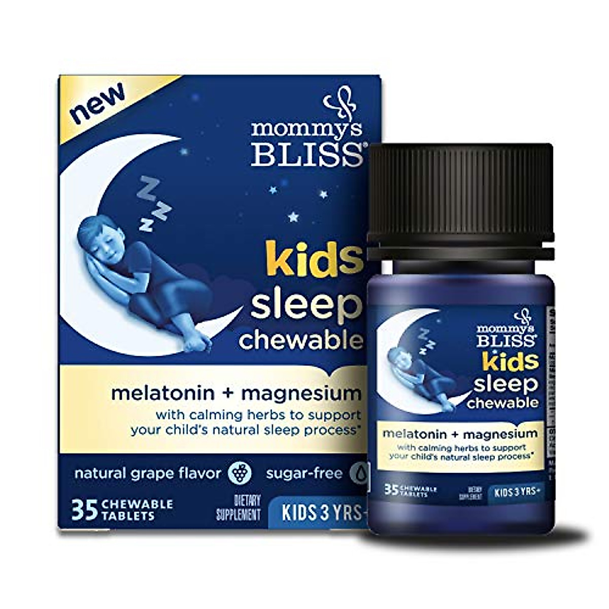 Mommy's Bliss Kids Sleep Chewable Tablets: Melatonin & Magnesium with Calming Herbs, Natural Sleep Aid , Grape Flavor, Sugar Free, Age 3+, (35 Servings)