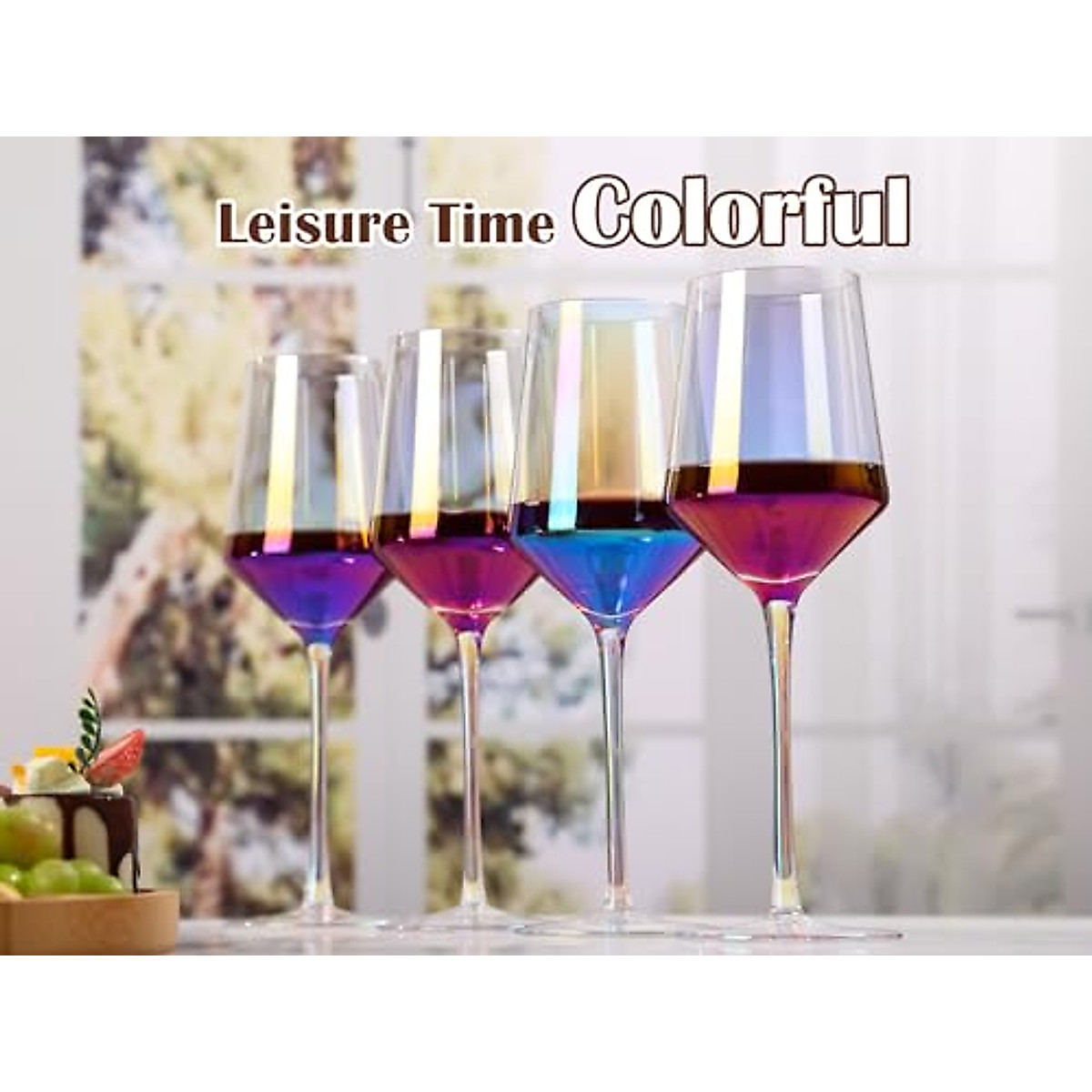 Physkoa Rainbow Wine Glass Crystal Hand-Blown Iridescent Wine Glasses Set of 6 for Wine Tasting,Bar 15oz