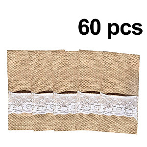 Awtlife 60 Packs Xmas Burlap Lace Utensil Holders Silverware Cutlery Pouch Knifes Forks Bag for Vintage Wedding