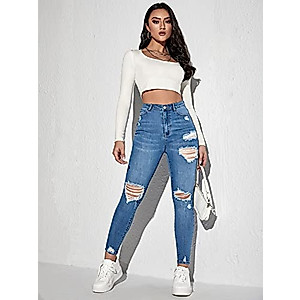 MakeMeChic Women's Ripped Skinny Jeans Casual High Waisted Distressed Stretch Denim Pants Blue A L