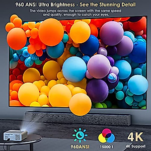 BIGASUO 960ANSI Projector with WiFi and Bluetooth - 1080P HD Outdoor Movie Projector 4K Support, Home Projectors Max 400" Display, 4P & ±50° Keystone, 60% Zoom, Compatible with Laptop, TV Stick, PS5