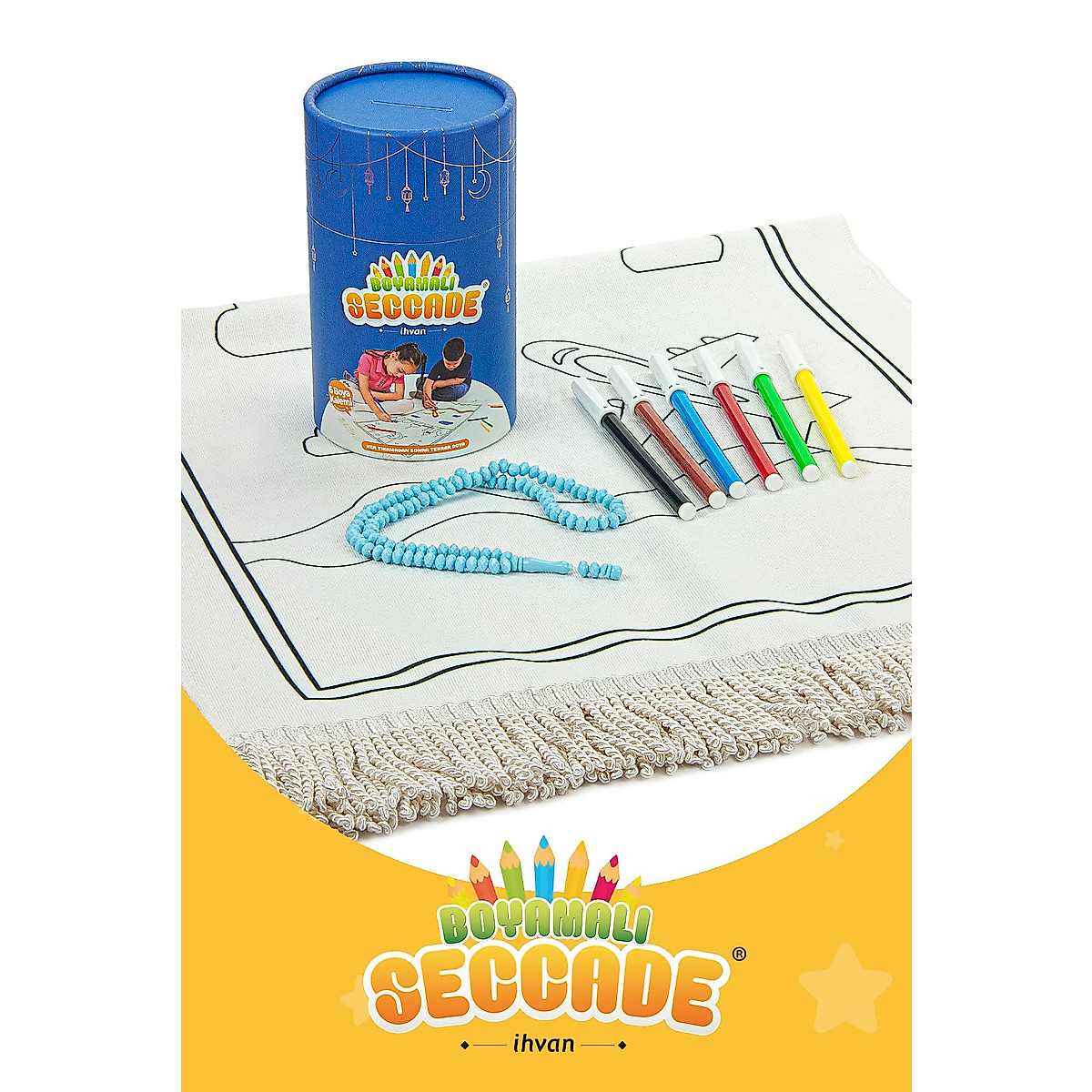 ihvan online, Kids Prayer Mat, Washable Painted Prayer Rug for Kids, Colourful Marker, Muslim Prayer Mala Beads, Soft Salah Travel Mat Carpet, Perfect Islamic Gifts for Kids, Blue