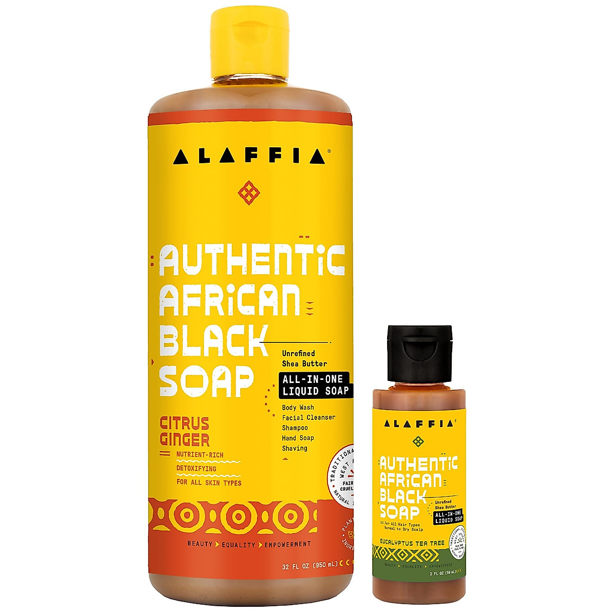 Alaffia Authentic African Black Soap Variety 2-Pack – All-In-One Liquid Soap, Travel-Size Eucalyptus Tea Tree + Full-Size Citrus Ginger Body Wash, Face Wash, Shampoo, Shaving Soap