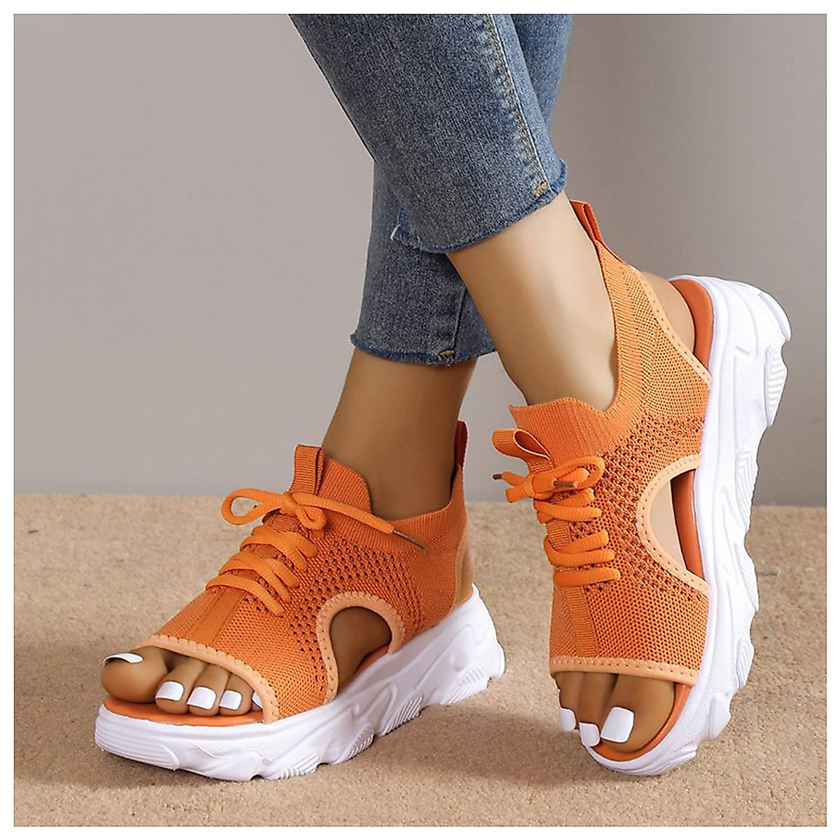 YChao Women's Lace Up Muffin Sandals, Orthopedic Sandals for Women, 2024 Summer Mesh Open Toe Platform Wedge Sandals Causal Walking Sandals,Orange,US10/EU42