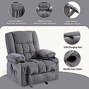 BOSMILLER Massage Rocker Recliner Chair with Vibration Massage and Heat Ergonomic Lounge Chair for Living Room with Rocking Function and Side Pocket, 2 Cup Holders, USB Charge Port