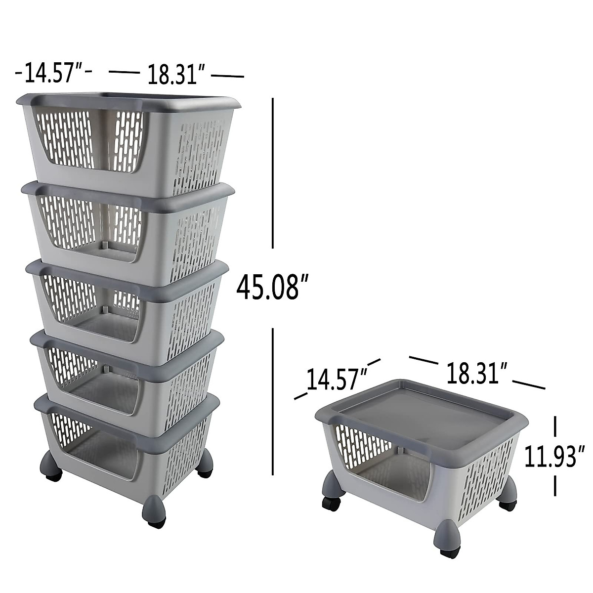 Cand 5-Pack Large Stackable Storage Bins, Stacking Baskets for Fruit, Vegeable, Toys (Grey)