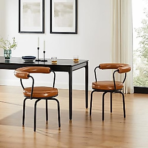 Art Leon Swivel Dining Chairs, Set of 2, Faux Leather Upholstered Dining Room Chairs, Modern Accent Armchairs with Black Metal Legs for Kitchen Living Room Bedroom, Brown