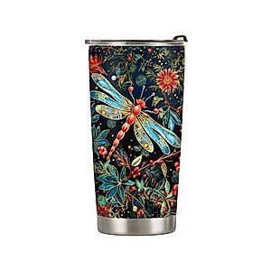 ORCAE 20oz Retro Vintage Flower Dragonfly Tumbler, Gifts for Dragonfly Lovers, Coffee Thermos for Women, Stainless Steel Double Wall Vacuum Insulated Coffee Mug, Travel Cup with Lid - I