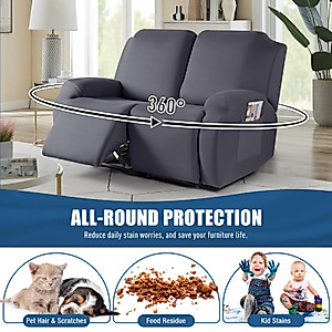 TAOCOCO Recliner Loveseat Slipcover, 2 Pieces Polyester Fabric Stretch Sofa Covers for 2 Seat Reclining Couch, Soft Washable Furniture Protector with Pockets (2 Seat, Dark Gray)