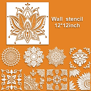 9 Pack (12x12 Inch) Large Reusable Stencil Mandala Stencil Laser Cut Painting Template for Floor Wall Tile Fabric Furniture Stencils Painting