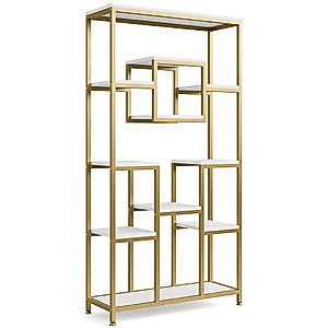 Tribesigns Bookcases and Bookshelves, 71” Tall Bookshelf with Metal Frame, Freestanding Geometric Bookcase with Open Display Shelf for Living Room, Bedroom, Home Office, White and Gold