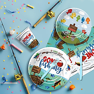 Xenorik Gone Fishing Party Decorations Tableware - Fish Fishing Birthday Party Supplies, Paper Plate, Cup, Napkin, Fork, Little Fisherman Fishing Birthday Baby Shower Table Decorations | Serve 24