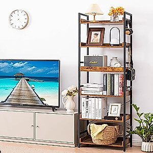 HCHQHS Bookshelf Adjustable 6 Tier Open Bookcase,Rustic Farmhouse Book Shelves, Industrial Wood and Black Metal Bookshelves,Mid Century Bookcase for Home Office Living Room Bedroom (Rustic, 6 Tier)