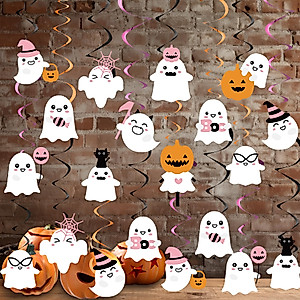 Whaline 48Pcs Halloween Hanging Swirl Pink Pumpkin Ghost Boo Hanging Streamers Decoration Ceiling Spiral with Cutout Cardboard Ornament for Baby Shower Birthday Trick or Treat Party Supplies