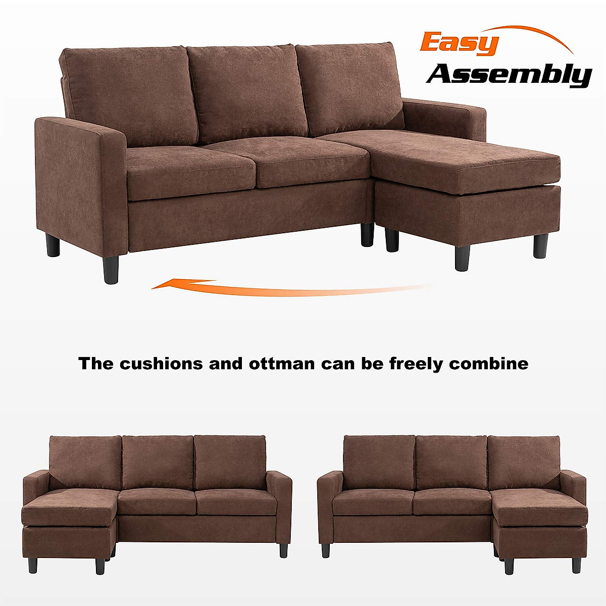 Walsunny Convertible Sectional Sofa for Small Space L-Shaped Couch with Modern Linen Fabric (Brown)