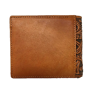 Texas West Western Mens Leather Longhorn Floral Tooled Laser Cut Lone Star Short Wallet (Brown/Beige)