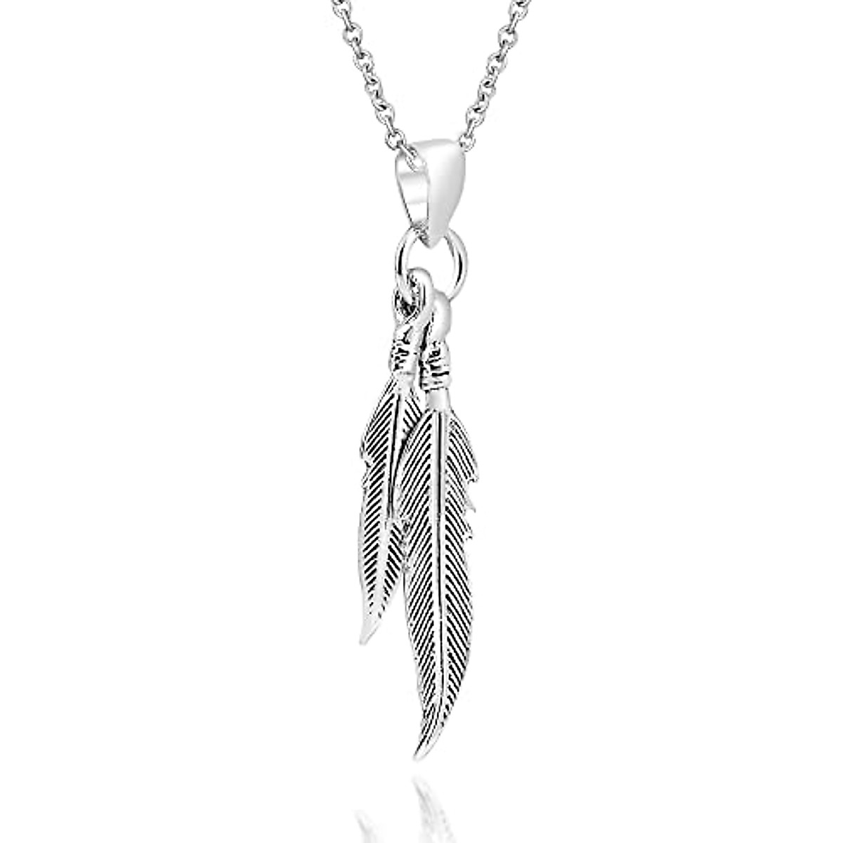 AeraVida Unisex Double Etched Feather Sterling Silver Dangle Necklace