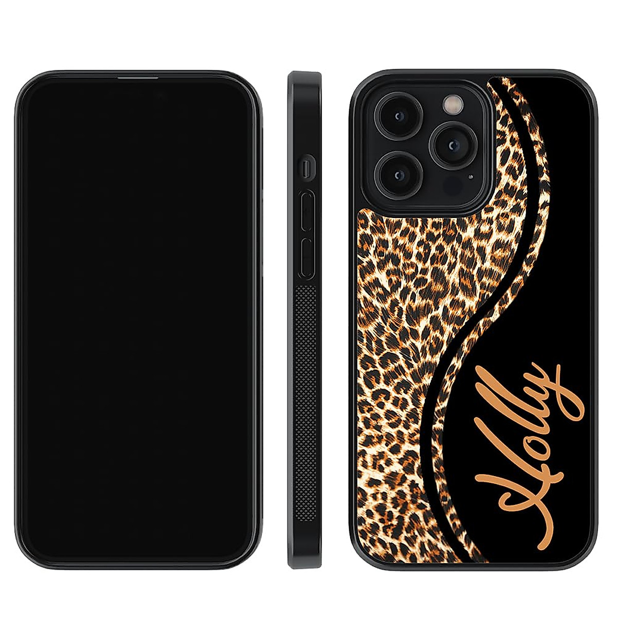 Leopard Skin Personalized Black Rubber Phone Case Compatible with Apple iPhone 15 Pro Max, 15 Pro, 15 Plus, iPhone 14 Pro Max, 13 Pro Max Mini, 12 Pro Max Mini, 11 Pro Max X XS Max XR 8 7 Plus