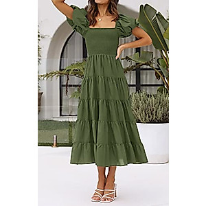 ZESICA Women's 2023 Summer Square Neck Short Puff Sleeve Solid Color High Waist Casual Smocked Flowy A Line Tiered Midi Dress,ArmyGreen,Small
