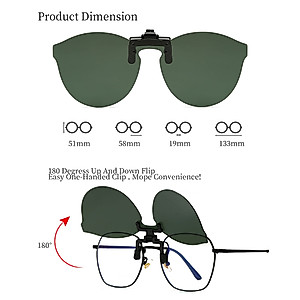 YAMEIZE Polarized Clip-on Sunglasses Anti-Glare UV400 Protection Flip Up Rimless Lens for Prescription Glasses (Dark Green)