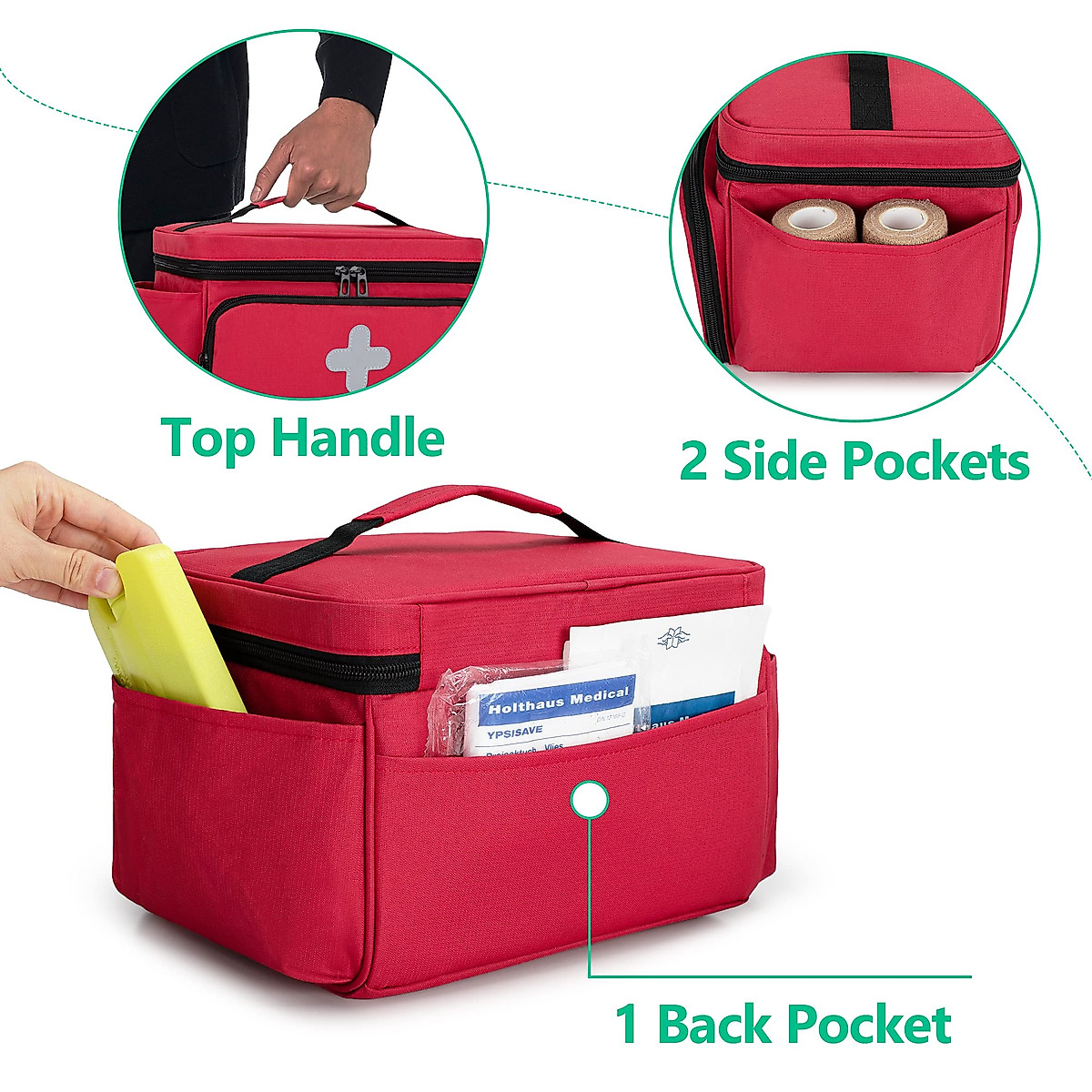 CURMIO Small Medicine Storage Bag Empty, Family First Aid Box, Pill Bottle Organizer for Emergency Medical Supplies, Red (Bag Only, Patent Pending)