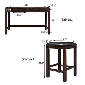 Merax 4-Piece Counter Height Bar Table Set with Socket and 2 Drawers, Mulitpurpose Rustic Bar Dining Table Set with 3 PU Leather Padded Stools, Espresso