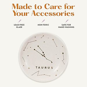 Lucky Feather Zodiac Ring Dish for Women – Glazed Ceramic Jewelry Tray with Astrological Constellation Depicted in Opulent Metallic Gold - Taurus