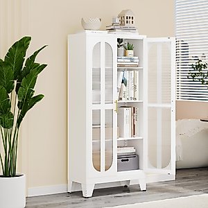 pozdeg Metal Storage Cabinet, Kitchen Pantry Cabinet with 2 Cross Door Panels and 3 Adjustable Shelves, Versatile Storage Pantry for Living Room Office Laundry Dining Room or Outdoor (White)