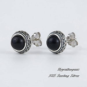 Small Genuine Black Onyx 925 Sterling Silver Hypoallergenic Stud Earrings Jewelry for Women Trendy Western Antiqued Sterling Silver Handmade Birthstone Earring Jewelry Best Gift for Women Her keenove