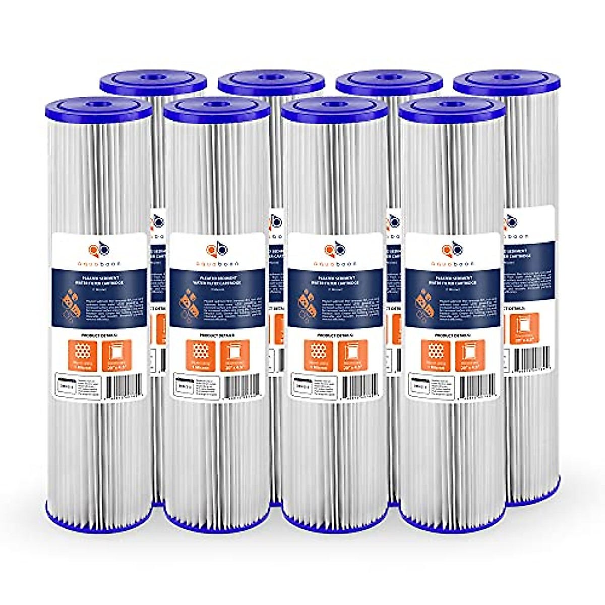 Aquaboon 1 Micron 20" x 4.5" Pleated Sediment Water Filter Replacement Cartridge | Whole House Sediment Filtration | Compatible with ECP5-BB, AP810-2, HDC3001, CP5-BB, ECP1-20BB, 8-Pack