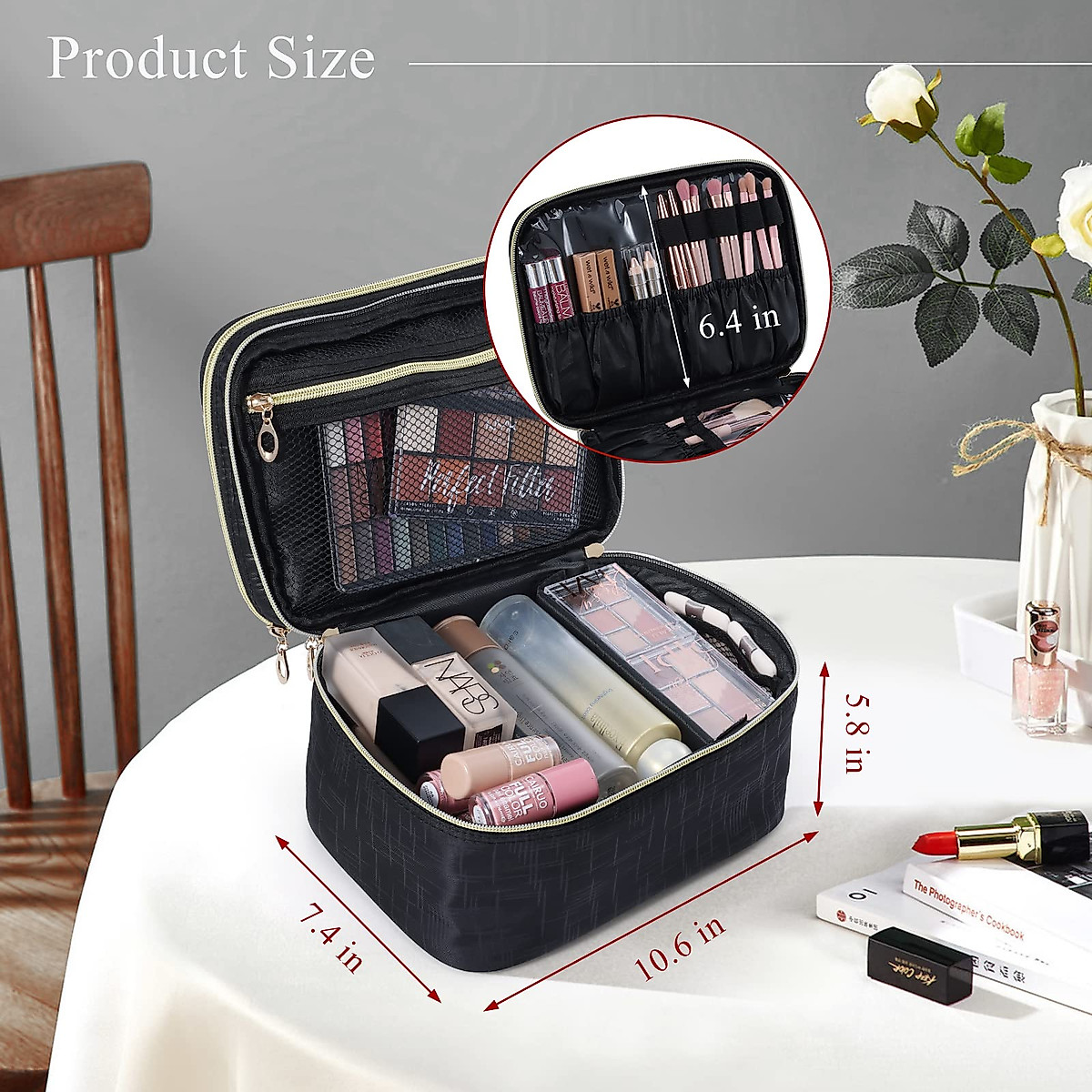 Stagiant Double Layer Makeup Bag, Large Cosmetic Bag, Travel Makeup Case with Dividers Makeup Organizer Bag Cosmetic Train Case for Cosmetics Toiletries, Black