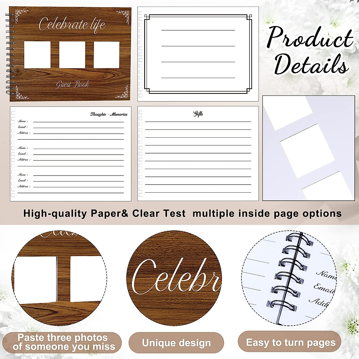 Kathfly Funeral Guest Books with Picture Pocket for Memorial Service Celebration of Life Memory Book for Funeral for Address Name, 48 Pages/ 96 Sheets, 11 x 8.5 Inch(Wood Grain)