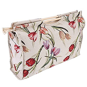 Knitting Bag, Yarn Storage Tote Foldable with Wood Handle Zipper Fastener for Yarn and Unfinished Project, Crochet Hooks, Knitting Needles and Accessories, 16.5x11.8x4.3inch(Rose Jacquard)
