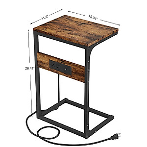 C Table End Table with Charging Station, Side Table with USB Ports and Outlets for Small Spaces, Nightstand with Metal Frame for Living Room, Bedroom, Office, Rustic Brown and Black HCT002