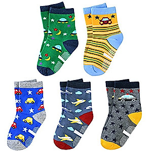 OOPOR Kids Cotton Crew Socks with Grip - 5 Pack Boys Girl Winter Athletic Sport Ankle Sock Set 6-8 Year