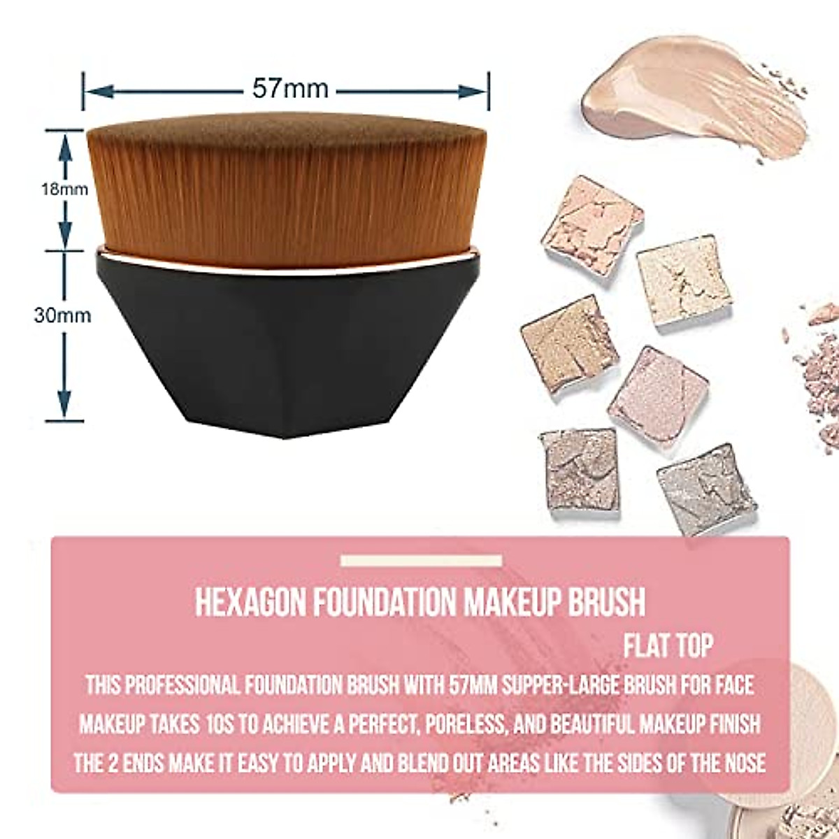 Foundation Brush Flat Top Makeup Brush, Premium Kabuki Hexagon Makeup Brush for Blending Liquid, Cream or Flawless Powder Blush Cosmetics with Storage Case (Black)