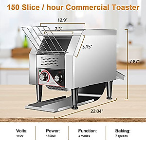 Commercial conveyor toaster 150 slices/hour, 7.3in opening width conveyor toaster For Bread Bagel Breakfast Food, 1300W heavy duty stainless steel toaster for Cafes, Buffets, Restaurants, and Coffee.