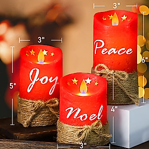 FLAVCHARM Holiday Flameless Candles, Peace Joy Noel with Rope Red LED Flickering Candles Battery Operated with Remote Control, Christmas Decoration for Home, Tablecenter, Bedroom, Bar Party