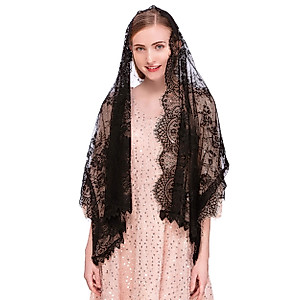 PAMOR Rectangular Chapel Veil Spanish Lace Floral Mantilla Veils Wrap Shawl Mass Head Covering (Black)