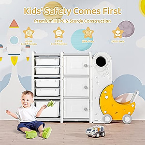 duke baby Kids 3 Layer Toy Storage Organizer with 5 Storage Bins, 3 Toy Cabinets with Doors, Display Bookshelves and Toy Cart for Kids Playroom Bedrooms Age 1-12, Space Collection Medium