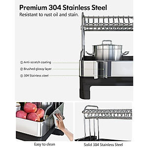 BOOSINY Dish Drying Rack, 304 Stainless Steel 2 Tier Large Dish Rack and Drainboard Set with Swivel Spout Drainage, Full Size Dish Drainer with Utensil Holder for Kitchen Counter of Big Family