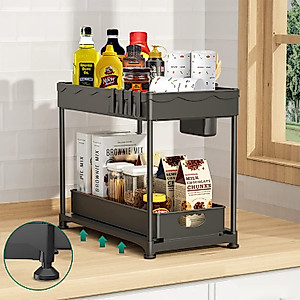 Under Sink Organizer and Storage, 2 Tier Pull Out Bathroom Cabinet Organizer, Bathroom Organizer Under Sink Basket with Hooks and Hanging Cups, Kitchen Bathroom Multipurpose Storage Rack(Black, 2)