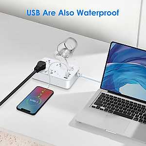 Outdoor Power Strip Weatherproof,Waterproof Outdoor Surge Protector with 4 Outlets,3 USB,6ft Cable with Flat Plug,1700 Joules Outdoor USB Plug for Kitchen Bathroom Barbecue Garden Camping