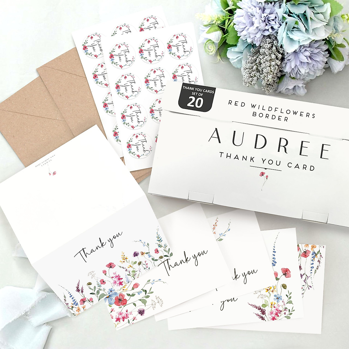 Floral Thank You Cards With Envelopes (bulk 20-4x6) - Thank You Notes With Envelopes Set - Wildflower Thank You Cards With Envelope And Stickers - for Birthday, Wedding, Bridal Showers, Baby Showers