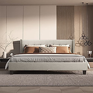 BONSOIR Bed Frame Upholstered Traditional Low Profile Platform with Wing Back Headboard/No Box Spring Needed/No Bed Skirt Needed/Linen Fabric Upholstery/Sand (Sand, Queen Size)