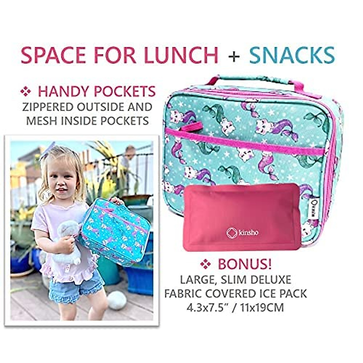 Lunch Box, Water Bottle and Thermos Food Jar Bundle Set for School Kids, Girls, Insulated Bag, Steel Thermos, Aqua Pink Mermaid Cat