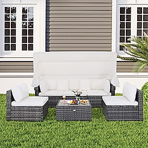 HAPPYGRILL 6-Piece PE Rattan Patio Furniture Set, Outdoor Sectional Sofa Set with Retractable Canopy, Patio Conversation Set with Tempered Glass Coffee Table, Soft Cushions and 2 Throw Pillows