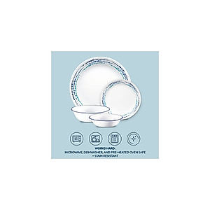 Corelle Ocean Blues 16pc, Service for 4, Dinnerware Set, 8 Plates 8 Bowls, Chip & Break Resistant, Dinner Plates and Dinner Bowls, Corelleware Plates, White